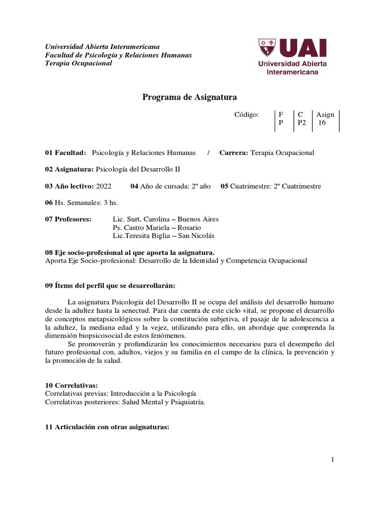 Programa 2022. To. Psicología Del Desarrollo II | PDF | Vejez | Adultos