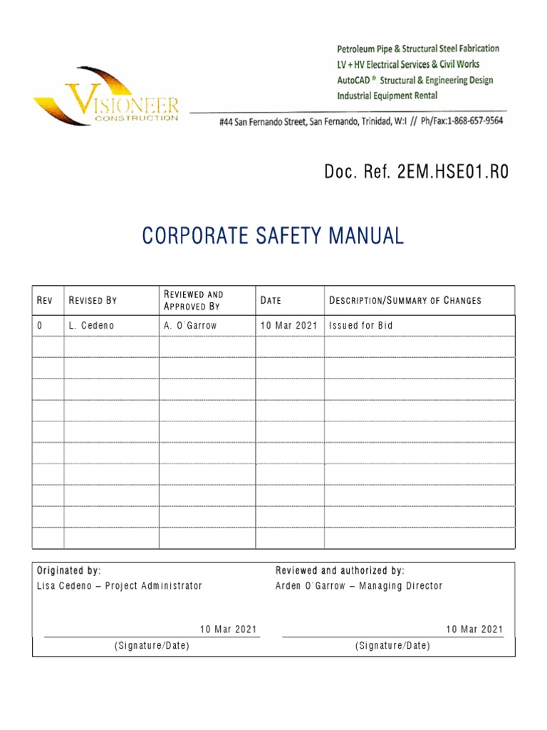 2em Hse01 R0 Vcl Corporate Safety Manual Pdf Workplace