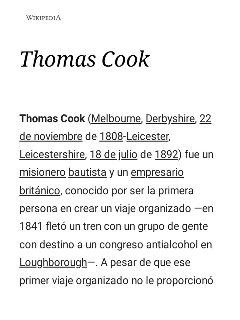 Thomas Cook - Wikipedia, La Enciclopedia Libre | PDF | Historia