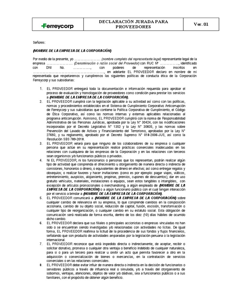 Declaracion Jurada Proveedores | PDF | Evasión de impuestos | Corrupción política