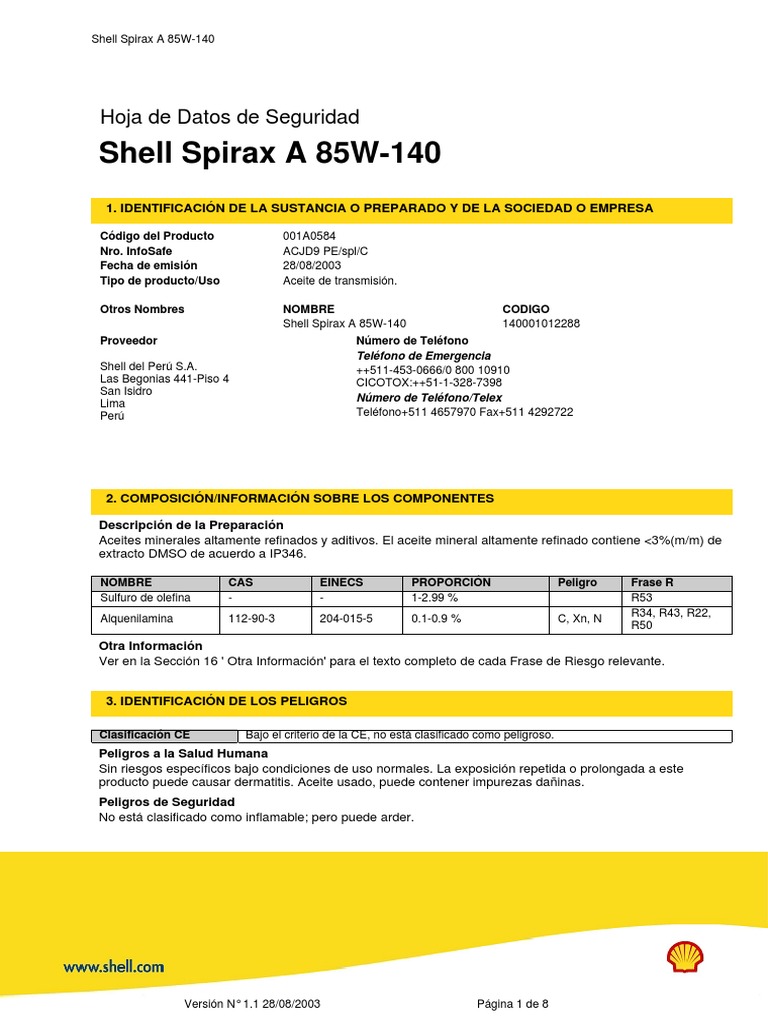 MSDS SHELL SPIRAX S2a 85w 140 | PDF | Agua | Residuos