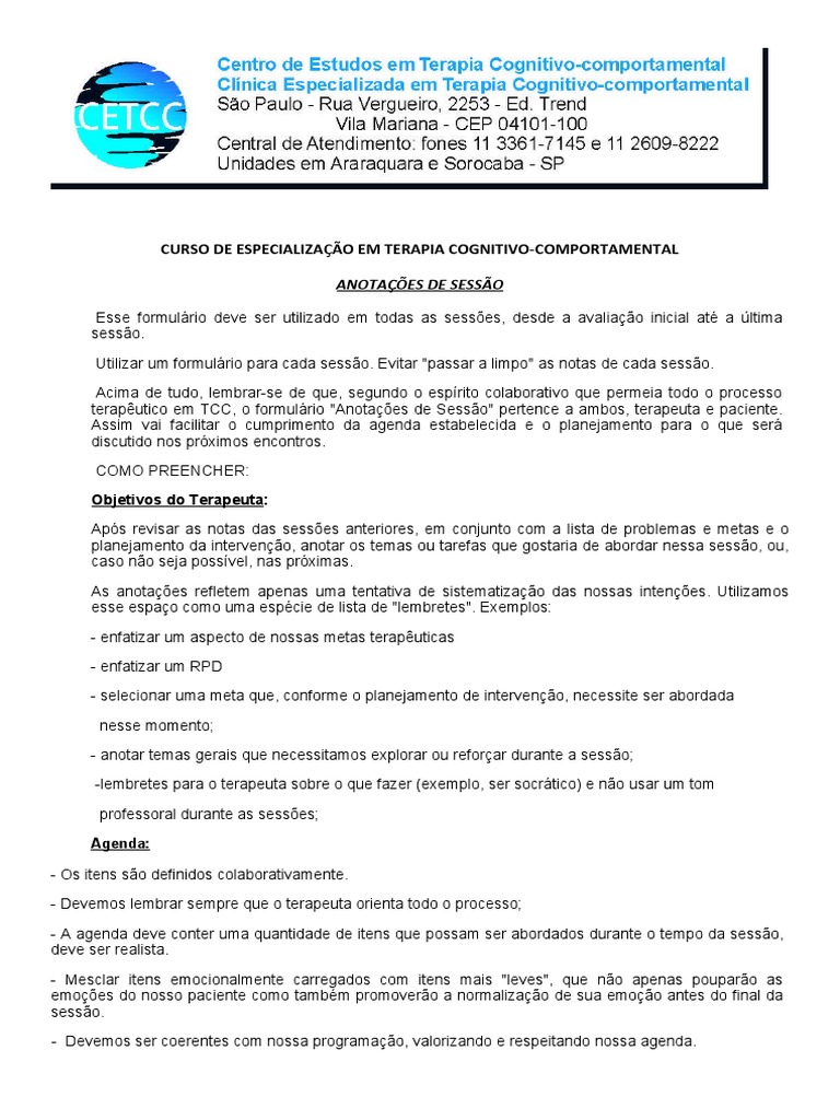 Anotações de Sessão - Como Preencher | PDF | Pensamento | Terapia ...