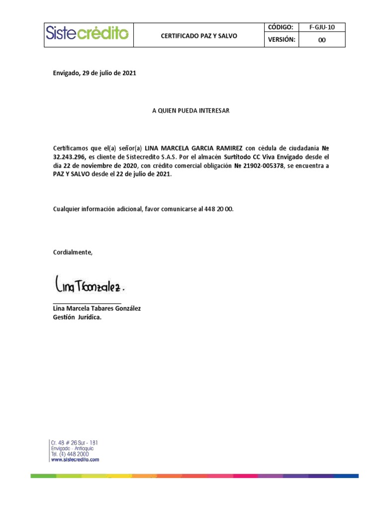 F-Gju-10 Certificado Paz y Salvo Lina Marcela Garcia Ramirez | PDF