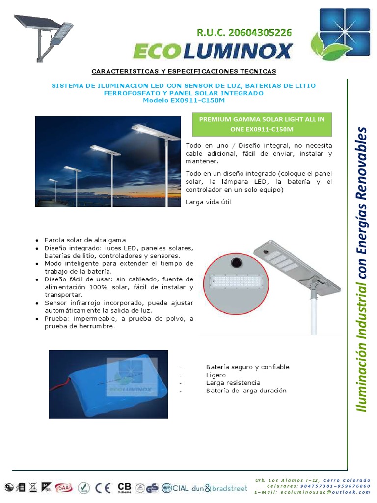 Especificacion Tecnica Luminaria Solar 150W EX0911-C150M + Curva ...