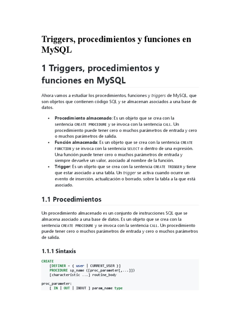 Triggers, Procedimientos y Funciones en MySQL | PDF | SQL | Flujo de control