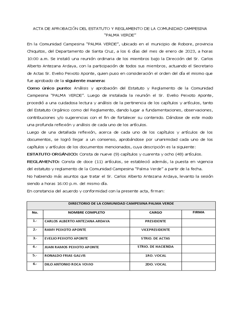 4 Acta de Aprobacion de Estatuto y Reglamento | PDF