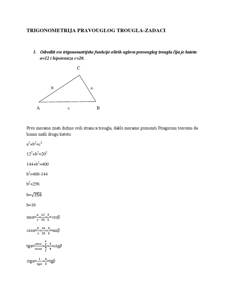 Trigonometrija Pravouglog Trougla Zadaci | PDF