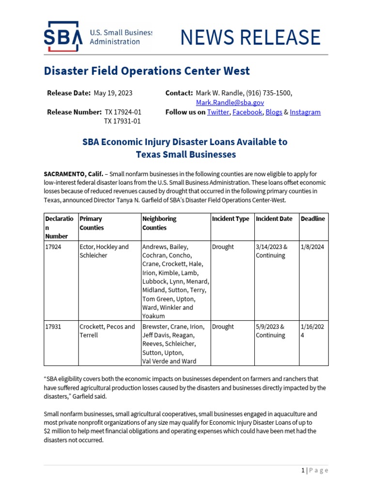 SBA Economic Injury Disaster Loans Available To Texas Small Businesses ...