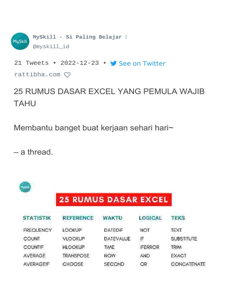 25 - Rumus - Dasar - Excel - Thread - by - Myskill - Id - Dec 23, 22 - From - Rattibha | PDF