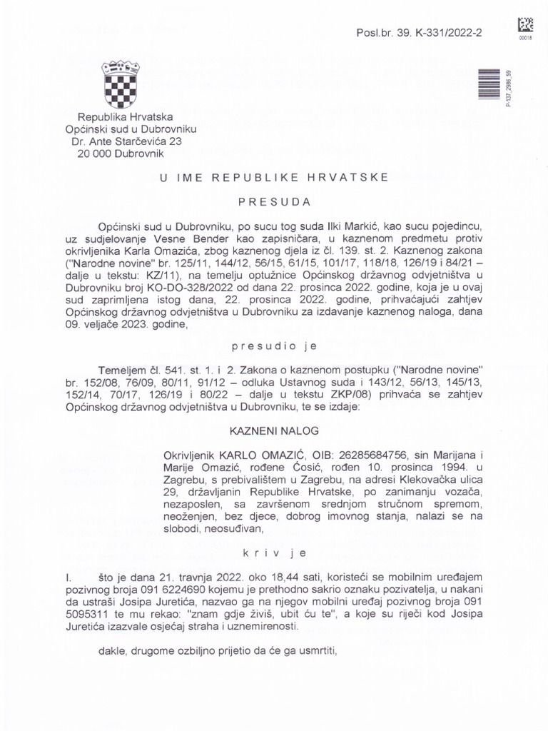 Kazneni Nalog - Općinski Sud U Dubrovniku | PDF
