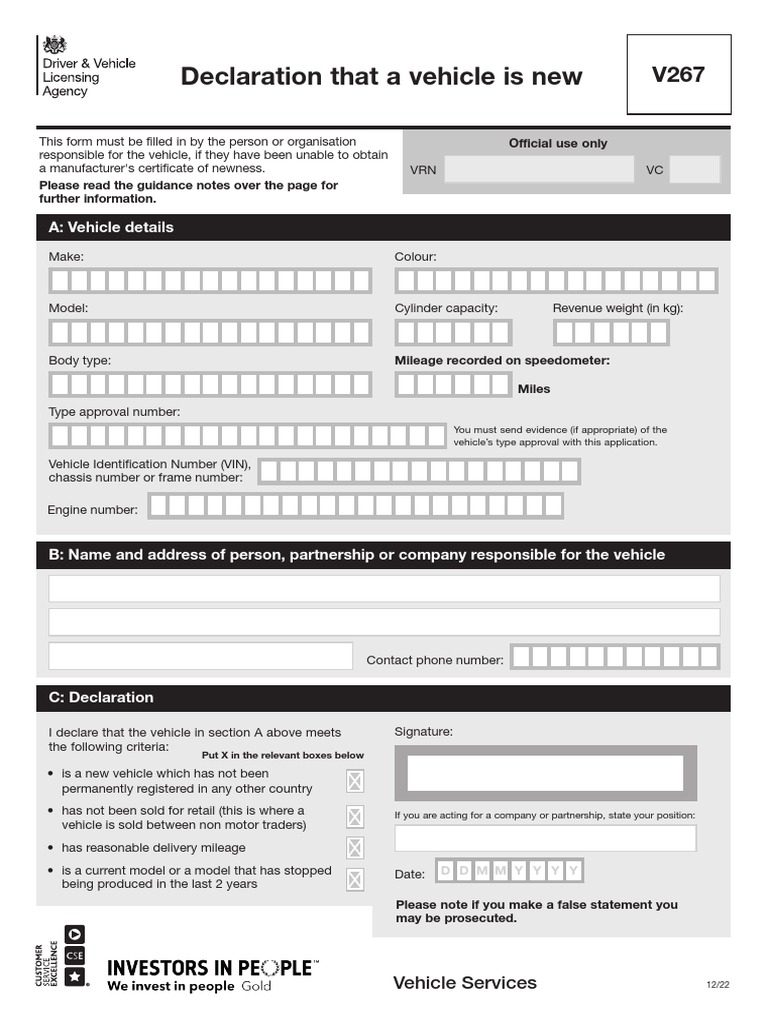 V267 Vehicle Newness Declaration Form | PDF | Vehicles | Automotive ...