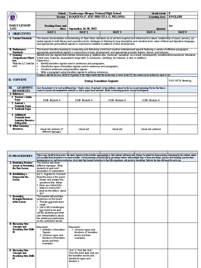 DLL Eng8 Week5 Using Transistion Signals | PDF | Learning | Cognitive ...