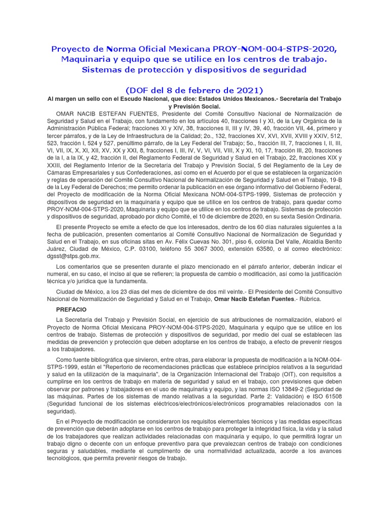 Proyecto de Norma Oficial Mexicana Proy Nom 004 Stps 2020 Maquinaria y Equipo Que Se Utilice en ...