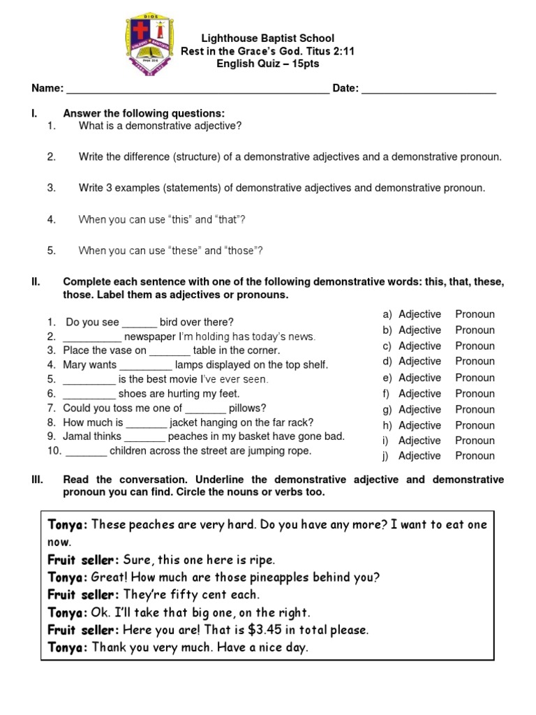 Demonstrative Adjectives and Pronouns Quiz | PDF | Adjective | Pronoun