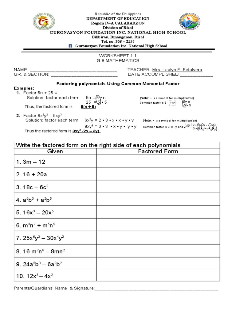Grade 8 Common Monomial Factoring Worksheet | PDF