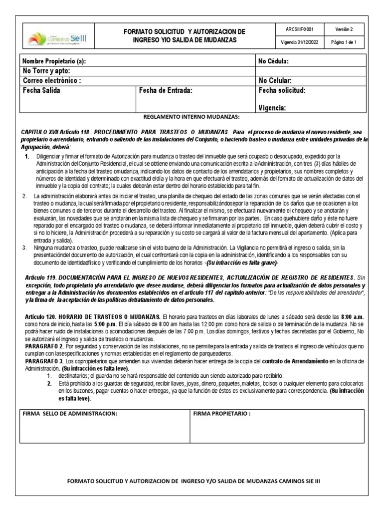 Formato y Reglamento de Mudanzas | PDF