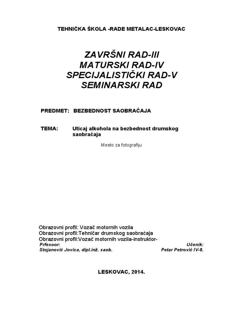 Uputstvo Za Završni, Maturski, Specijalistički Rad Prva Strana, Izgled Rada | PDF