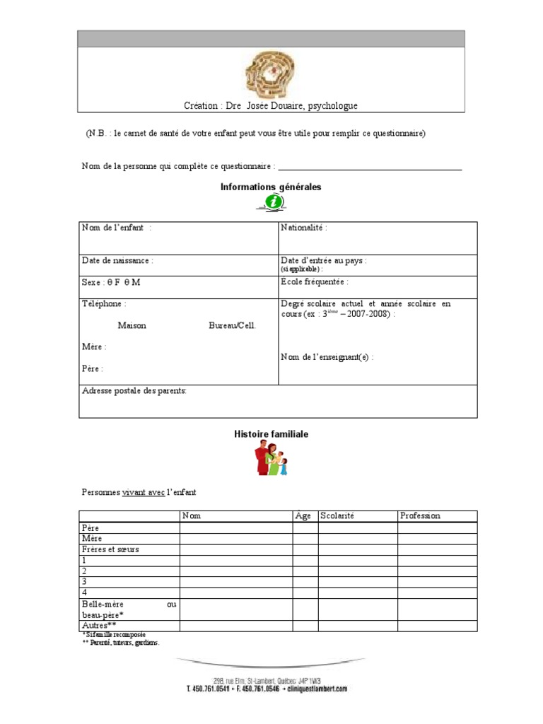Questionnaire d'anamnèse enfant | PDF | Psychiatre | Sommeil