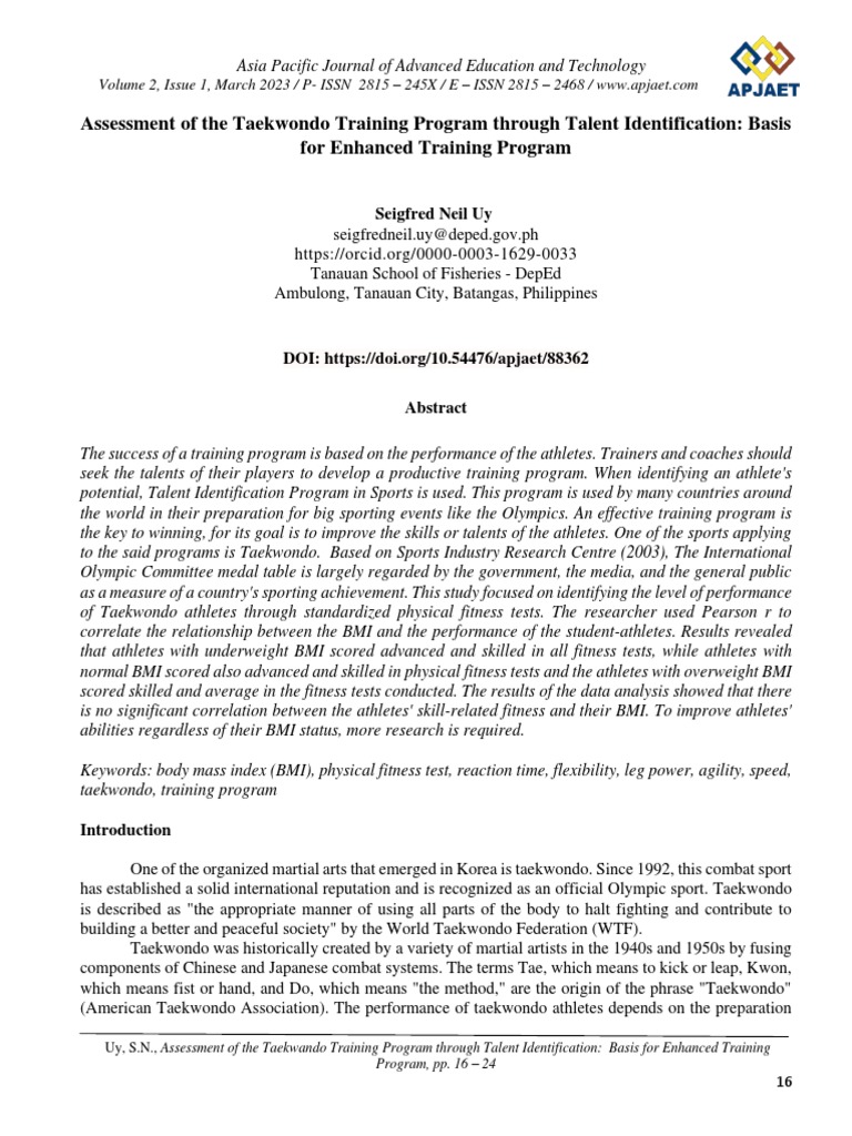 Assessment of The Taekwando Training Program Through Talent ...
