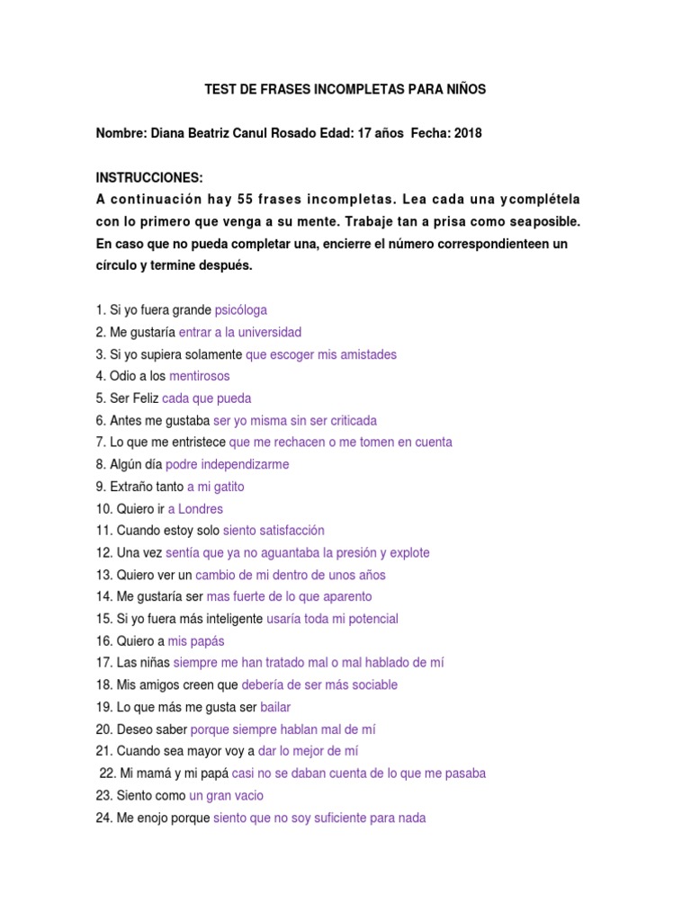 Test de Frases Incompletas para Ninos | PDF