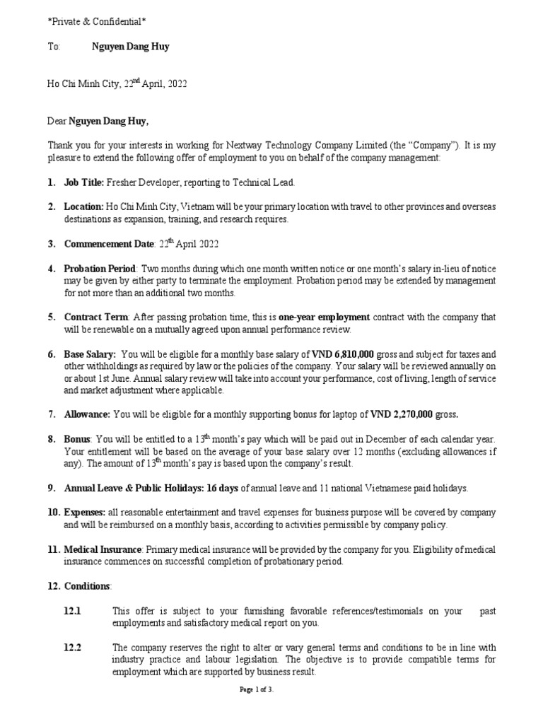 Nextway Offer Letter NGUYEN DANG HUY | PDF | Cost Of Living | Employment