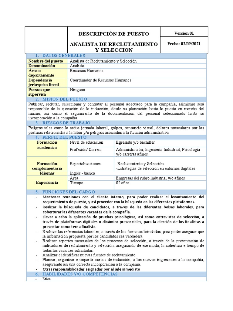 Perfil de Puesto - Analista de Reclutamiento y Selección | PDF | Reclutamiento | Gestión de ...