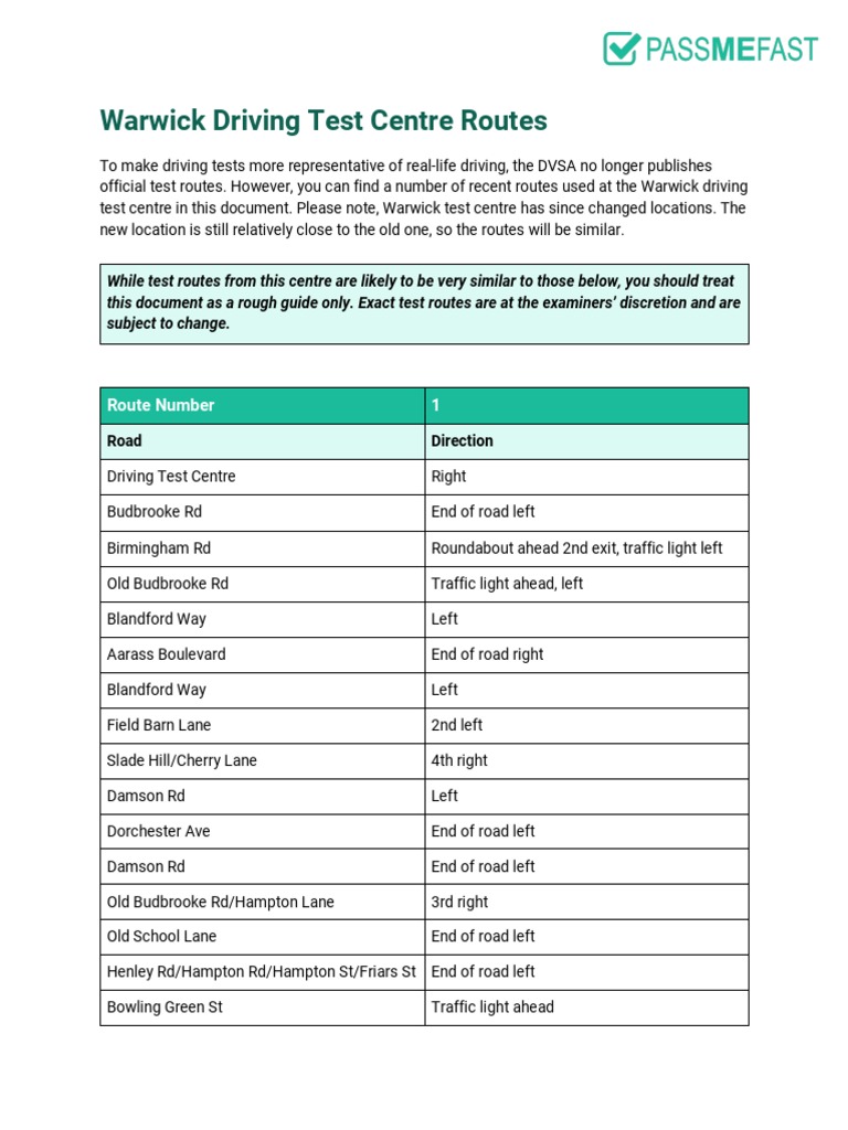 Warwick Driving Test Routes | PDF | Science | Road Transport