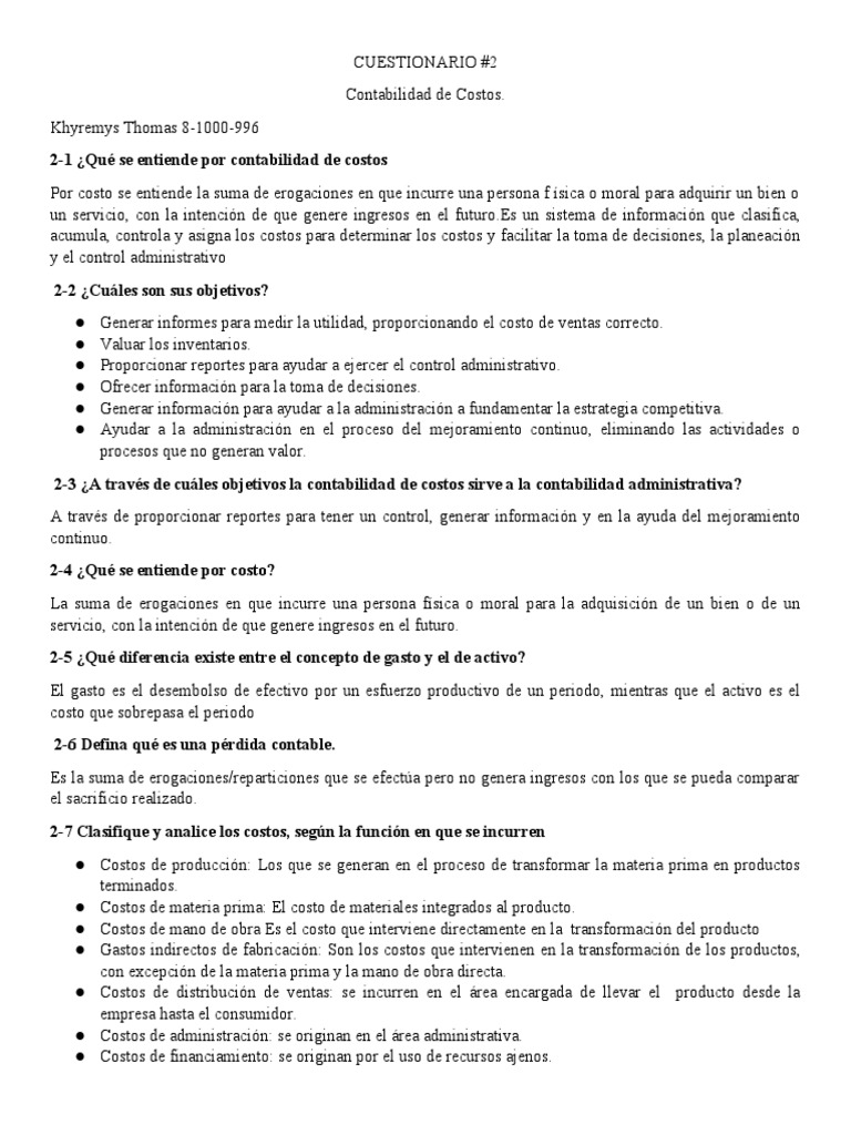 Cuestionario 2 | PDF | Costo | Contabilidad