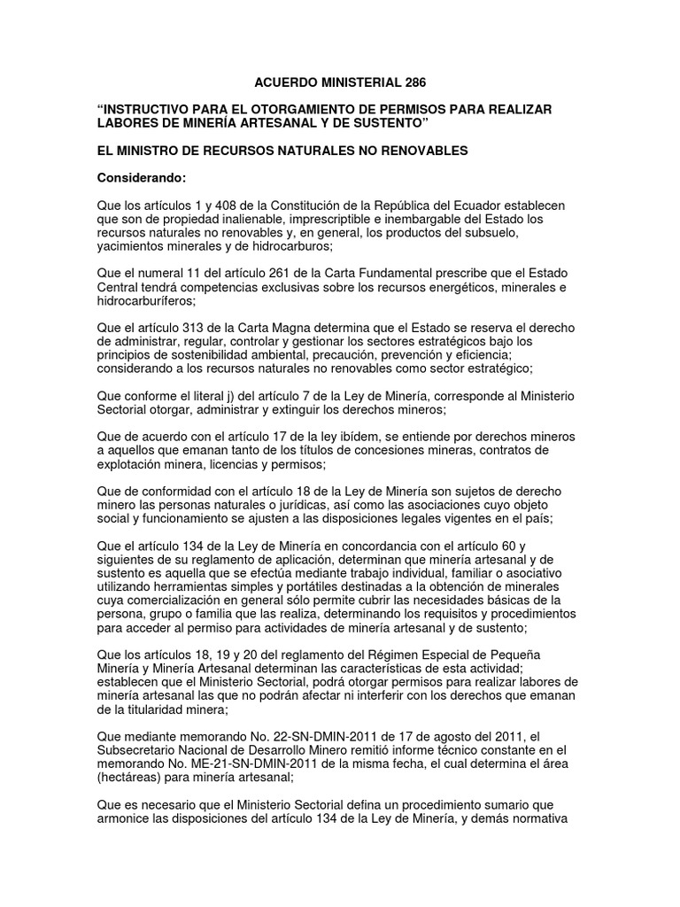 Acuerdo Ministerial 286 | PDF | Minería | Regulación