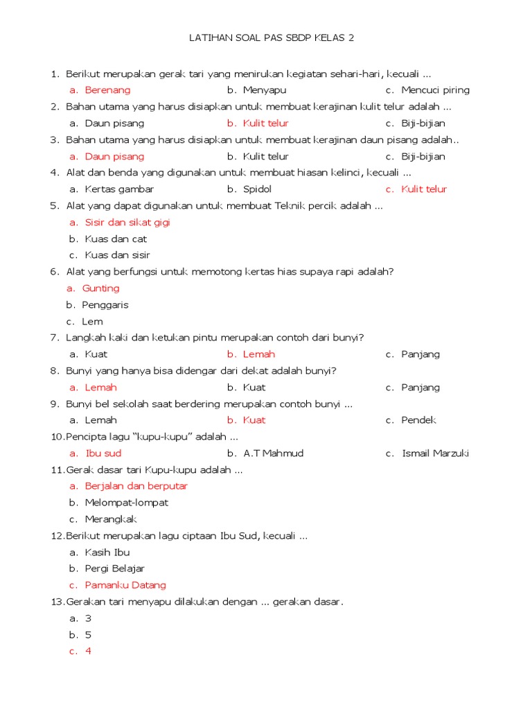 Kelas 2 LATIHAN SOAL PAS SBDP KELAS 2 | PDF