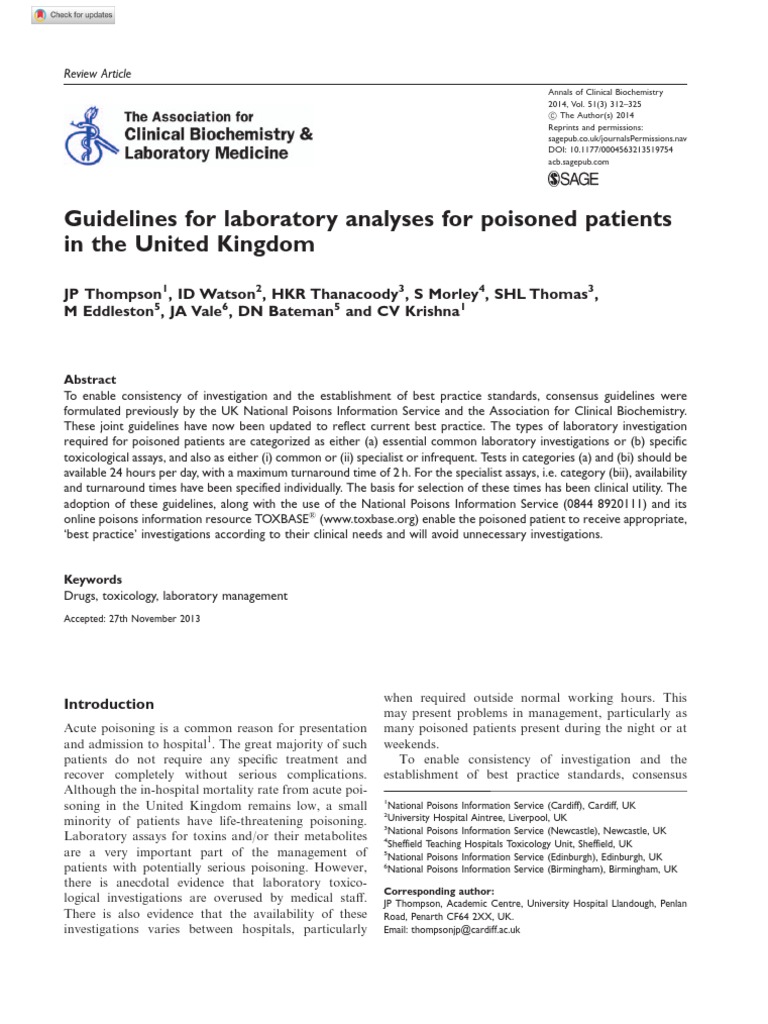 Thompson Et Al 2014 Guidelines For Laboratory Analyses For Poisoned Patients in The United ...