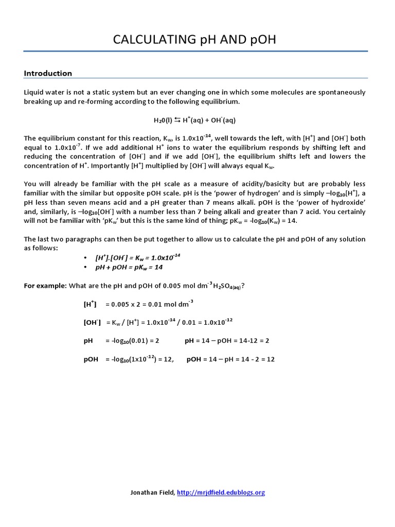 WS5. Calculating PH and pOH Using KW (HL) | PDF | Ph | Chemical Equilibrium