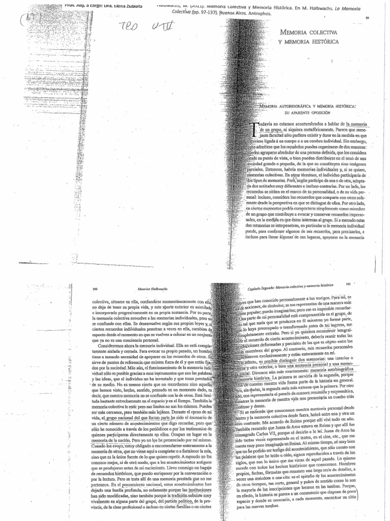 Teorico Halbwachs. Memoria Colectiva y Memoria Historica | PDF