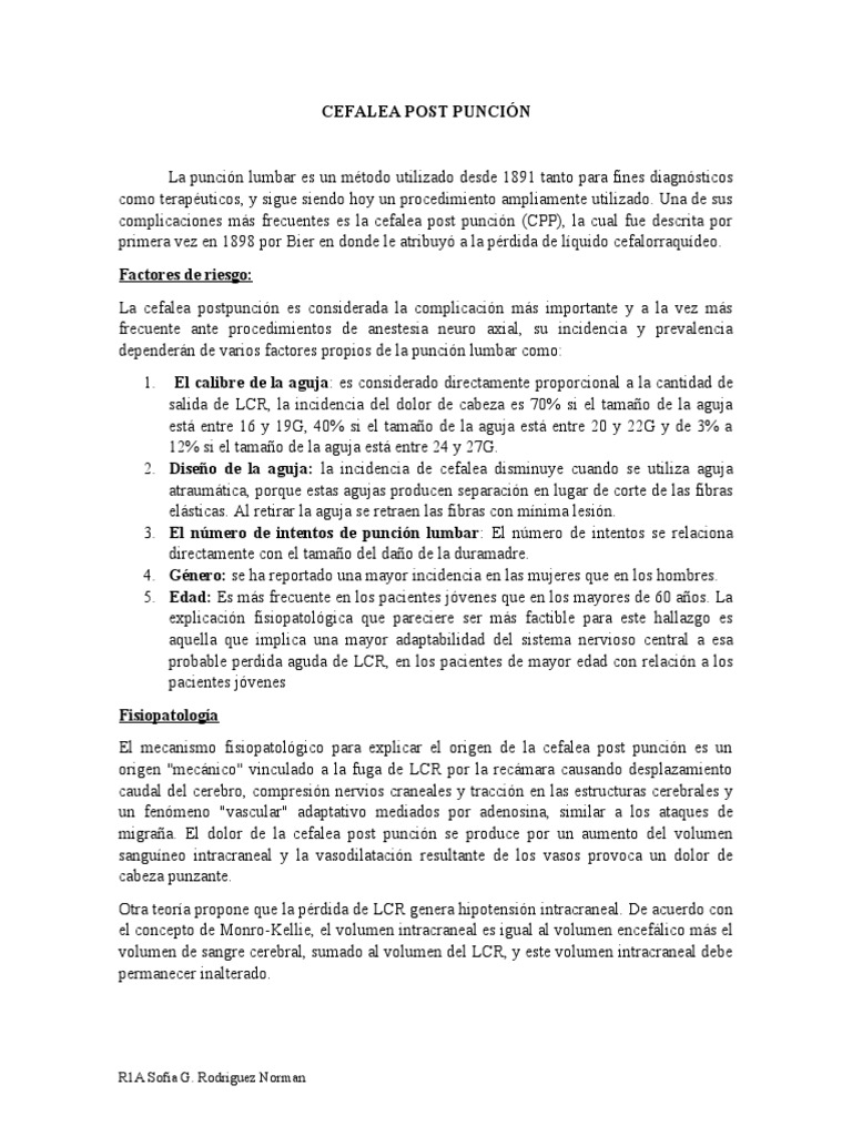 cefalea postpuncion | PDF | Fluido cerebroespinal | Dolor de cabeza
