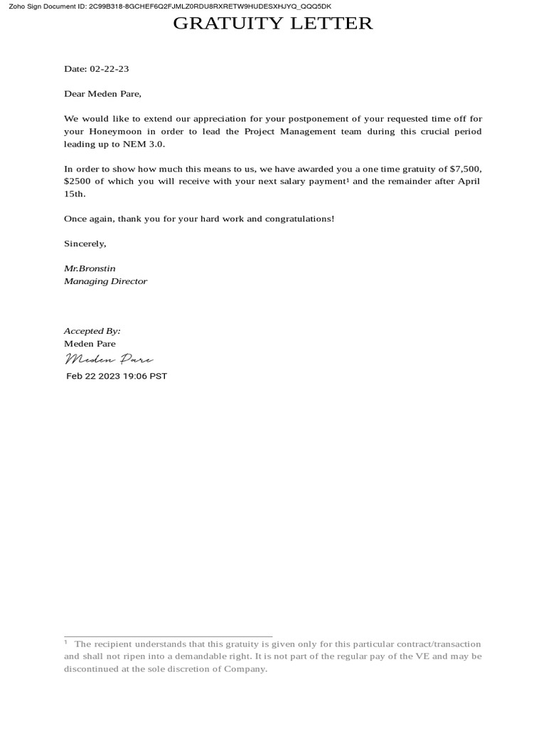 Gratuity Letter - Meden Pare | PDF