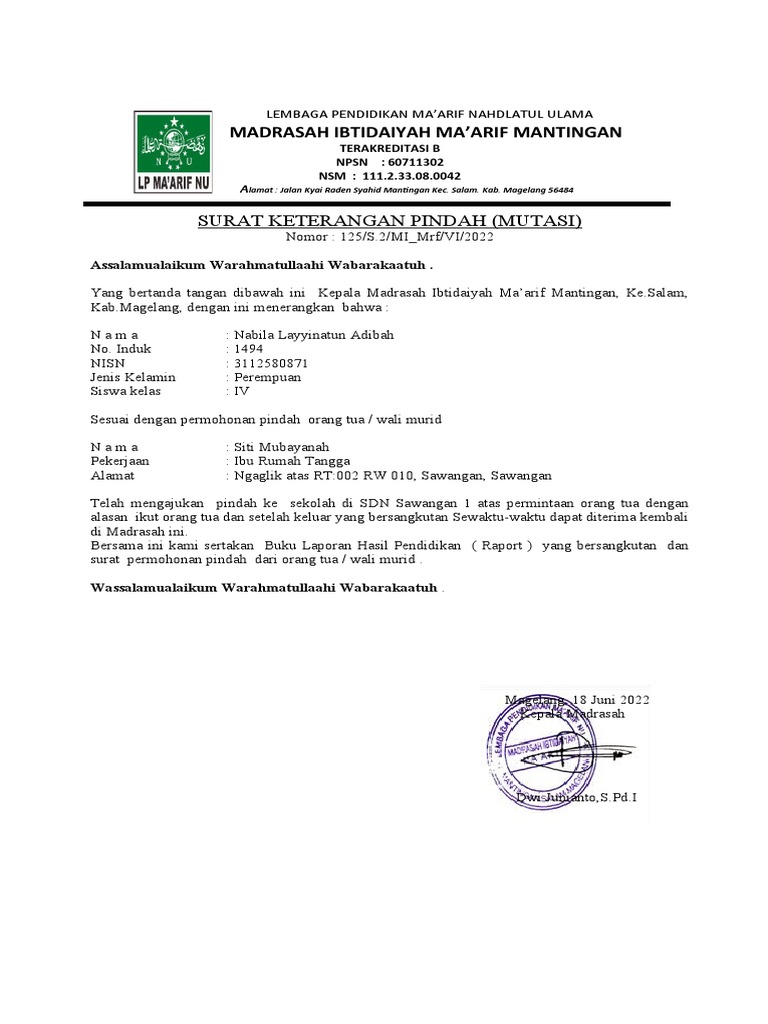 Surat Mutasi Keluar Siswa Nabila Layyinatun Adibah Kelas IV | PDF