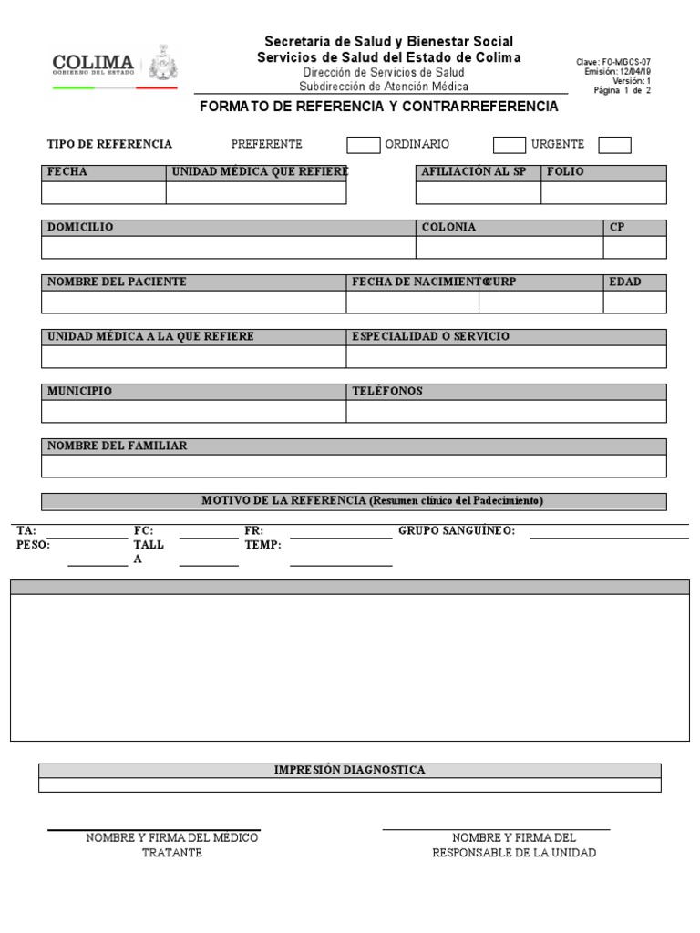 Fo-Mgcs-07 Formato de Referencia y Contrarreferencia | PDF | Relaciones personales, crianza y ...