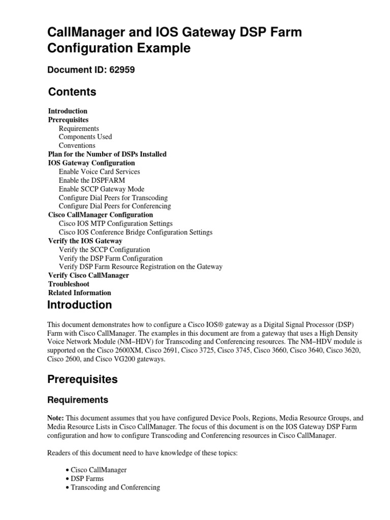Callmanager and Ios Gateway DSP Farm Configuration Example: Document Id ...