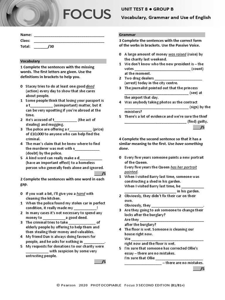 Focus3 2E Unit Test Vocabulary Grammar UoE Unit8 GroupB | PDF | Crimes ...