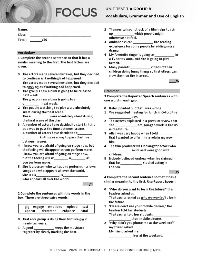 Focus3 2E Unit Test Vocabulary Grammar UoE Unit7 GroupB | PDF | Audition