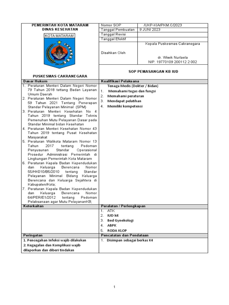 SOP Pemasangan KB IUD Puskesmas Cakranegara | PDF