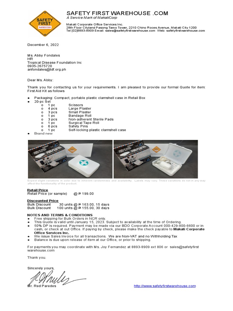 SFW Quote for First Aid Kit for TDF | PDF