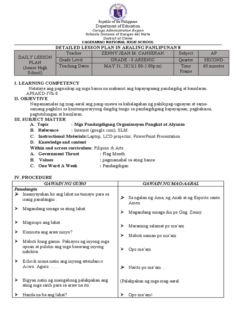 Daily Lesson Plan For Araling Panlipunan 8 | PDF