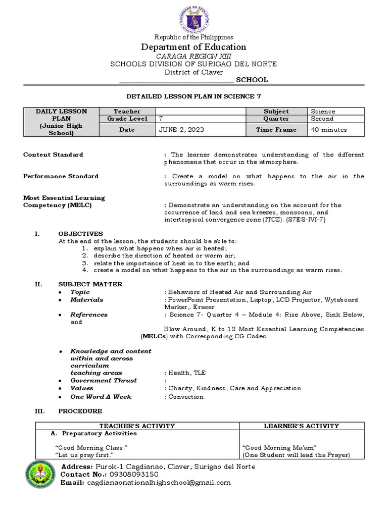 Editable SCIENCE 7 DETAILED LESSON PLAN 4TH QUARTER | PDF | Convection ...