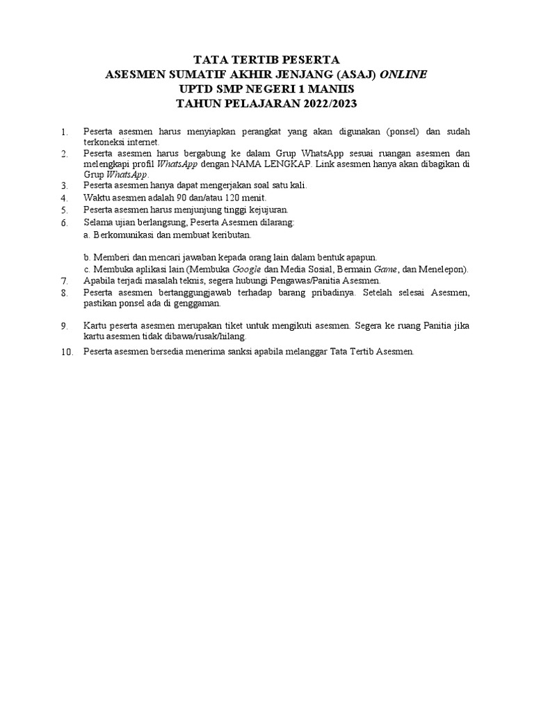 TATA TERTIB PESERTA Dan PENGAWAS UJIAN SEKOLAH 2223 | PDF