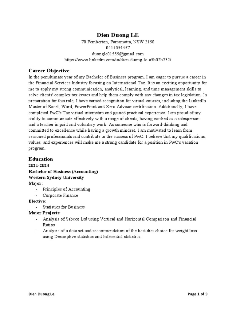 PWC Resume | Download Free PDF | Sales | Internship