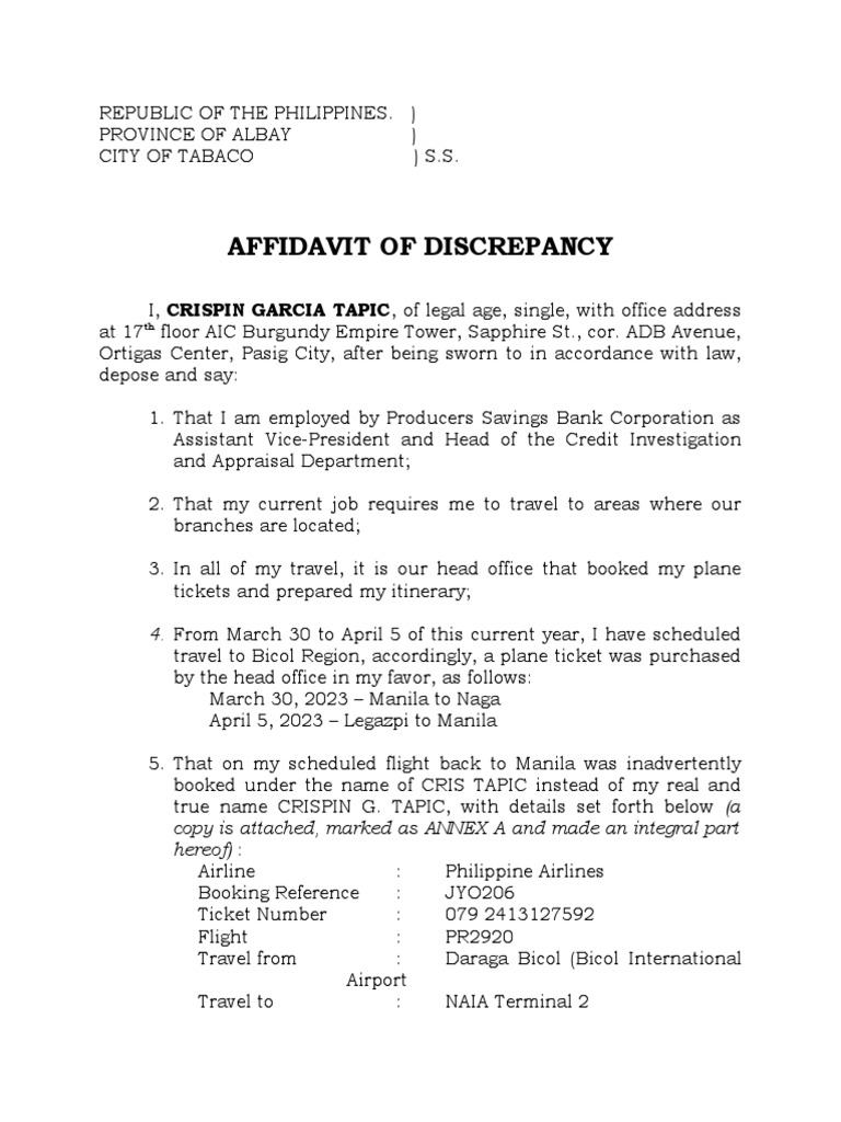 Affidavit of Discrepancy for Ticket | PDF | Affidavit | Aviation