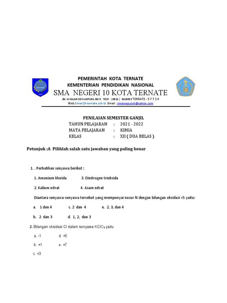 Soal Kimia KLS Xii Ganjil 2021 | PDF