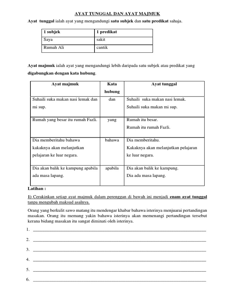 AYAT TUNGGAL DAN AYAT MAJMUK - Nota Dan Latihan | PDF