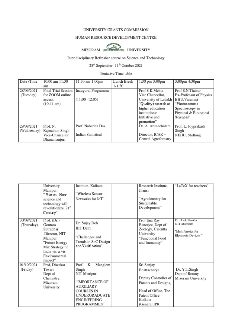 Time Table Inter Disciplinary Refresher Course On Science and ...